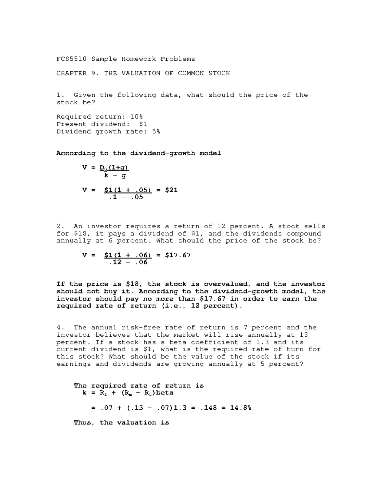 Stock value Selected Problems and Answers - FCS5510 Sample Homework ...
