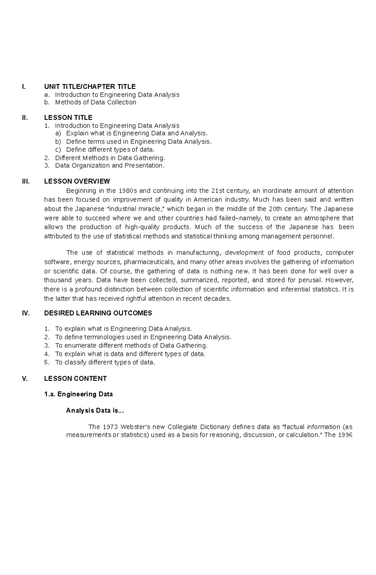 Introduction to Engineering Data Analysis - I. UNIT TITLE/CHAPTER TITLE ...