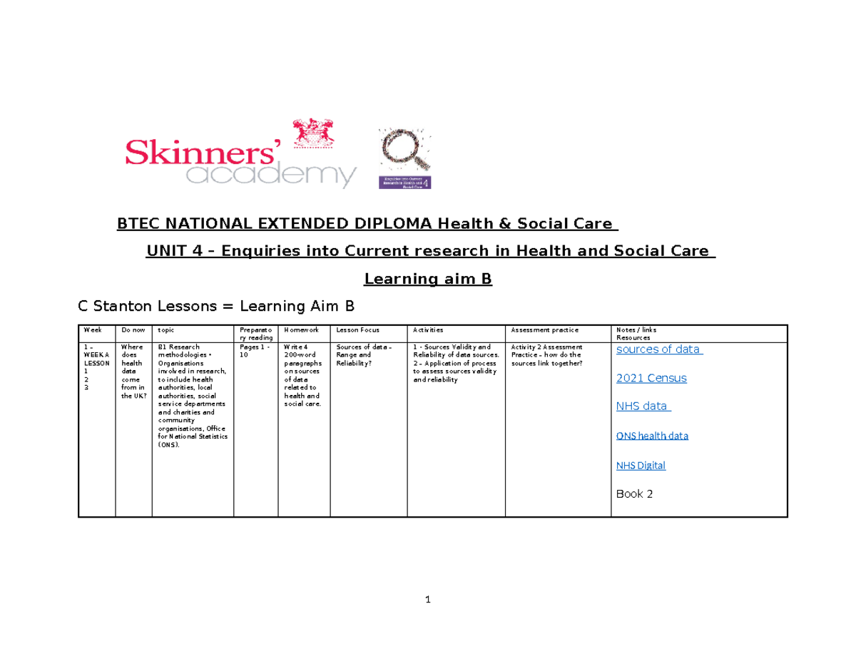 HSC U4 Student Booklet week 1 - BTEC NATIONAL EXTENDED DIPLOMA Health ...