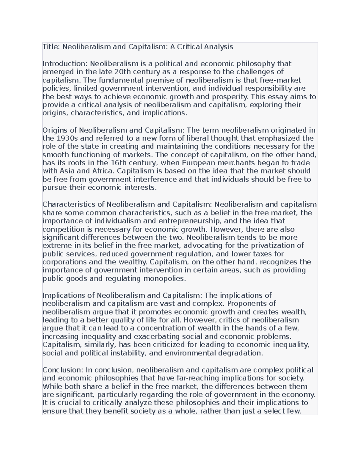 Neoliberalism and Capitalism - A Critical Analysis - Title ...