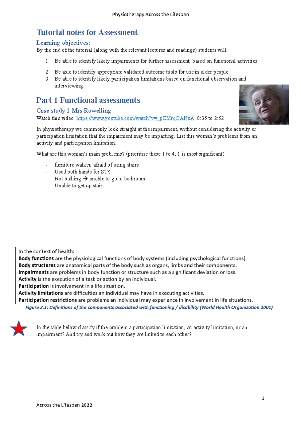 W12 T2 Functional assessment and outcome measures Worksheet 2022 ...