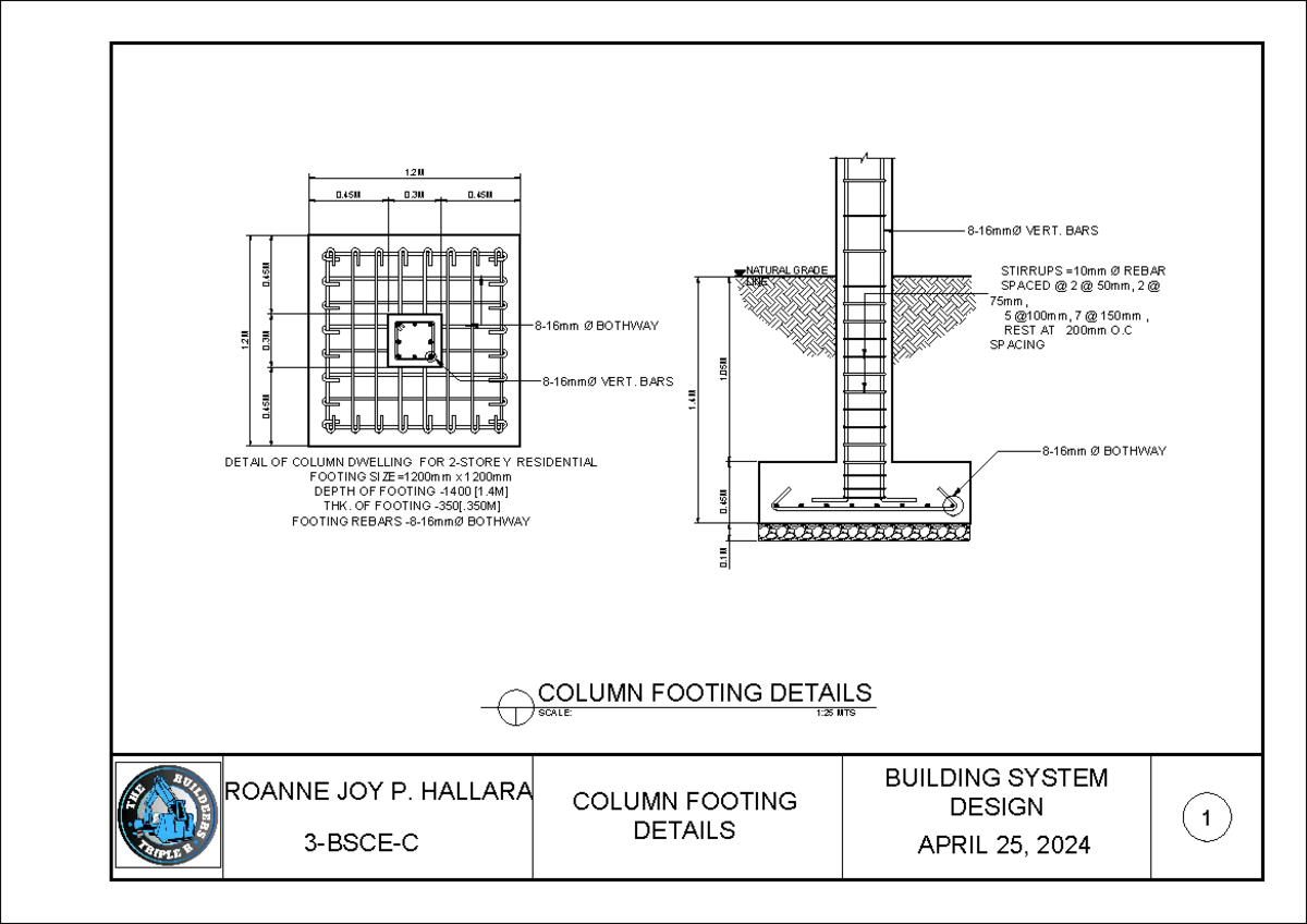 Column Footing Details - DETAIL OF COLUMN DWELLING FOR 2-STOREY RESIDENTIAL FOOTING SIZE=1200mm ...