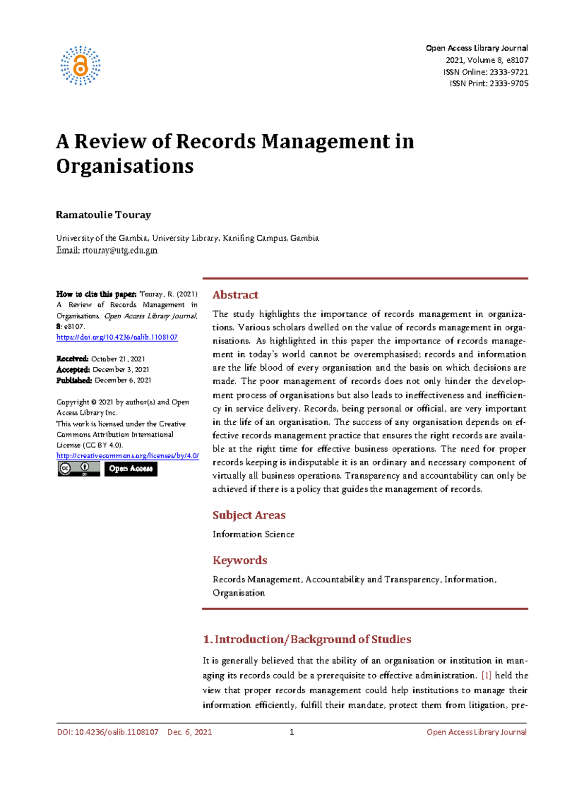 A Review of Records Management in Organisations - Open Access Library ...
