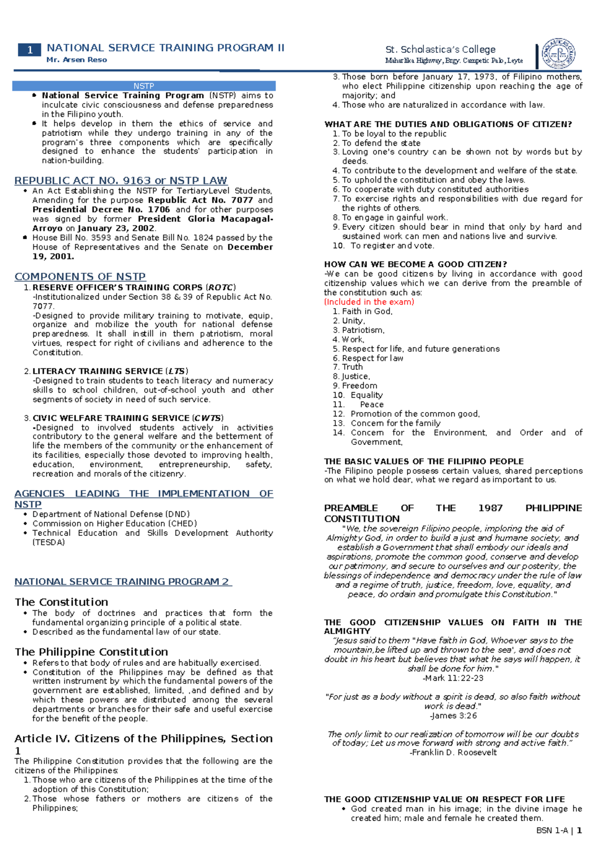 1 NSTP II Introduction - lecture notes - 1 NATIONAL SERVICE TRAINING ...