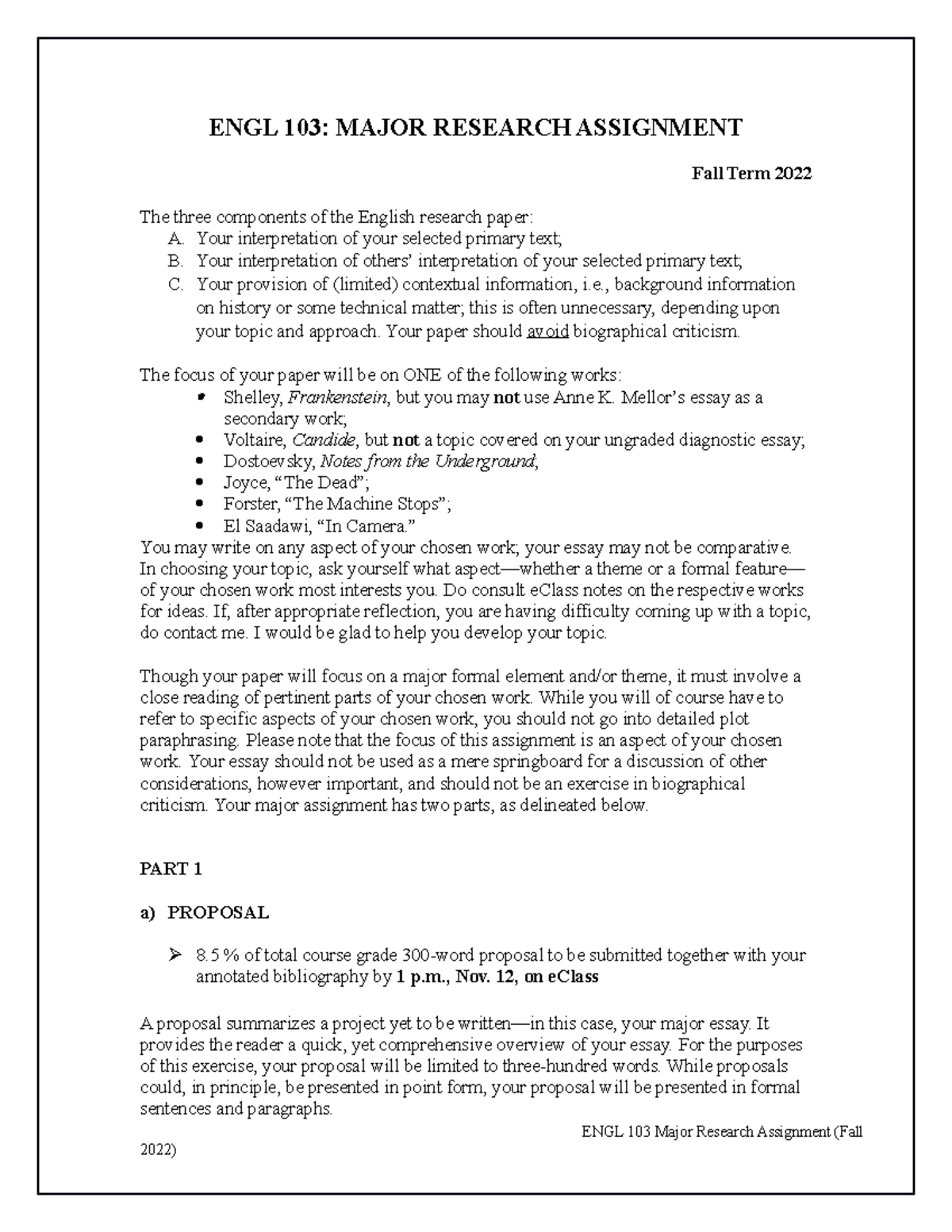 ENGL 103 F2022 Major Assignment - ENGL 103: MAJOR RESEARCH ASSIGNMENT ...