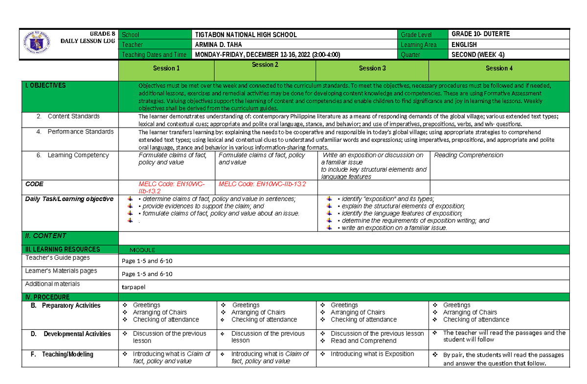 DLL ENG7 2nd Quarter W 4 - DLL - GRADE 8 DAILY LESSON LOG School ...