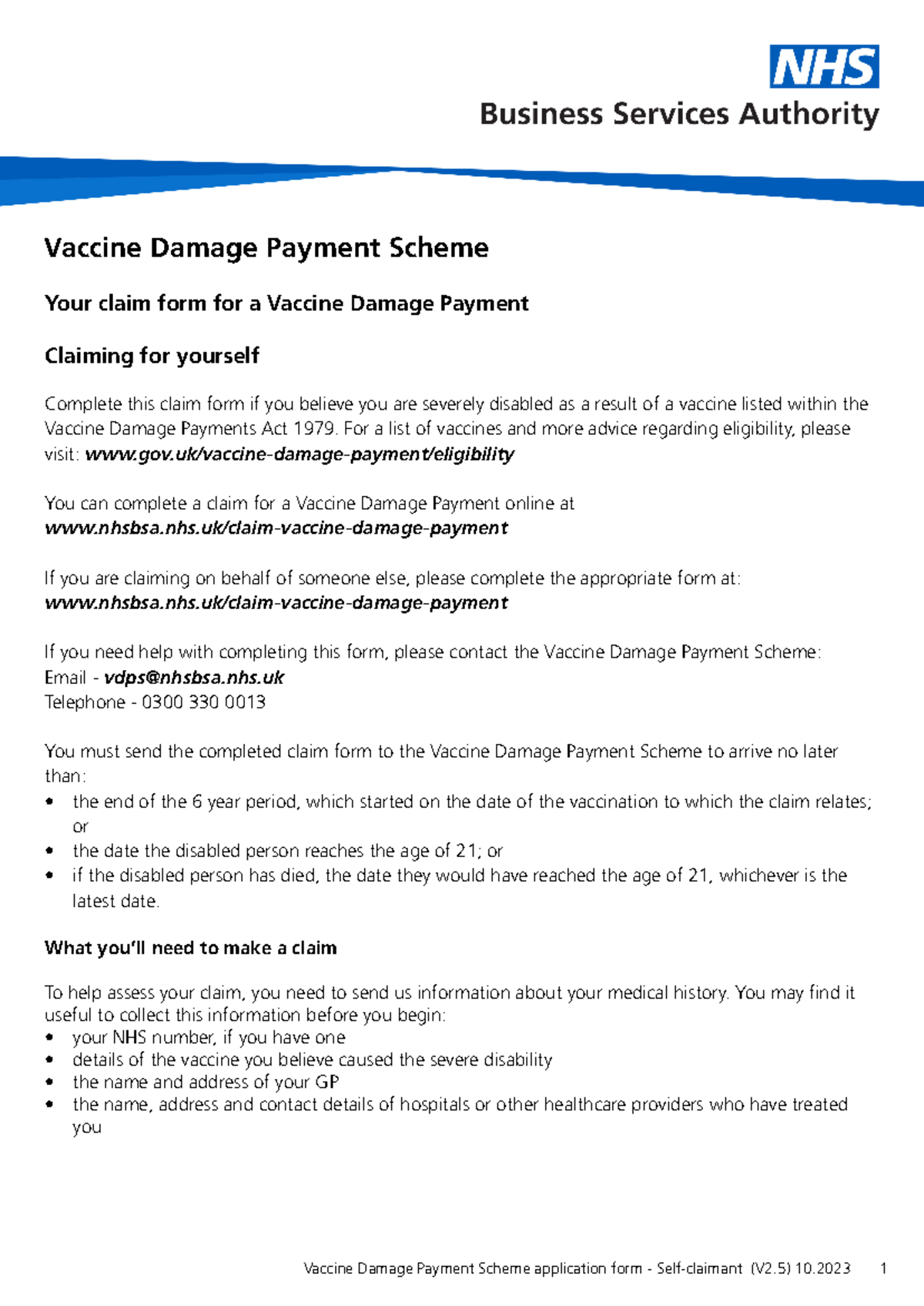 Vaccine Damage Payment Scheme application form - Self-claimant (V2.5 ...