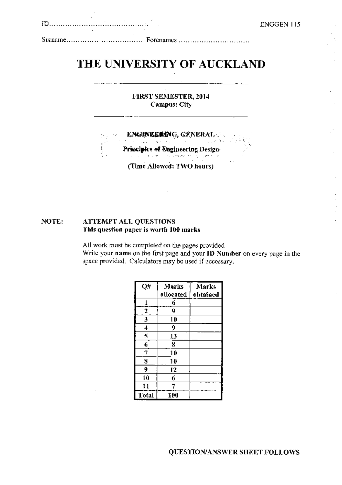 Exam June 2014, questions - ID ENGGEN 115 Surname ...