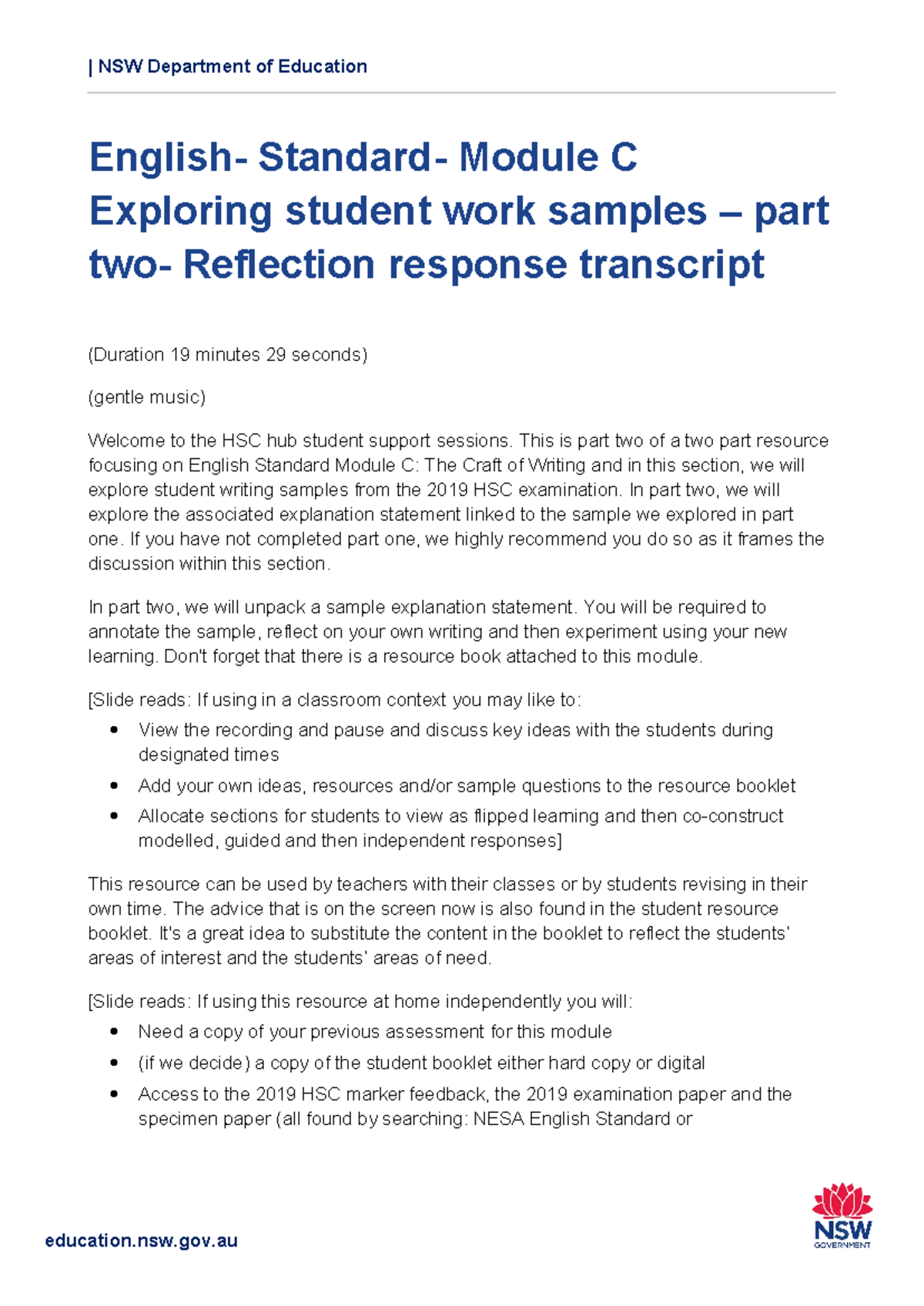English standard module c work samples p2 reflection transcript s6 - | NSW Department of ...