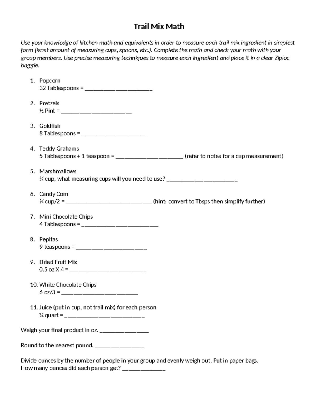 Trail Mix Math - A worksheet about math - Trail Mix Math Use your ...