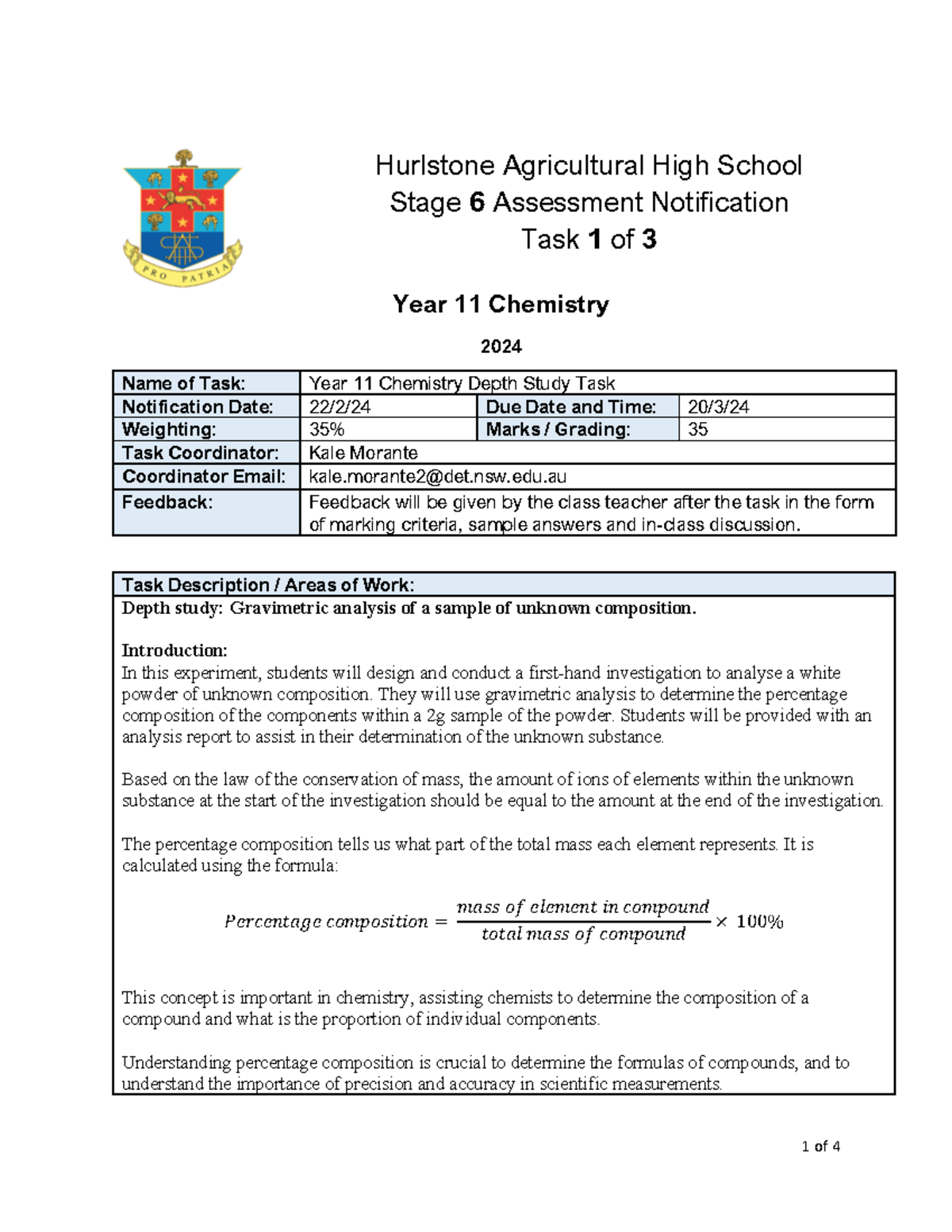 Year 11 Chemistry Task 1 2024 Updated - Hurlstone Agricultural High ...