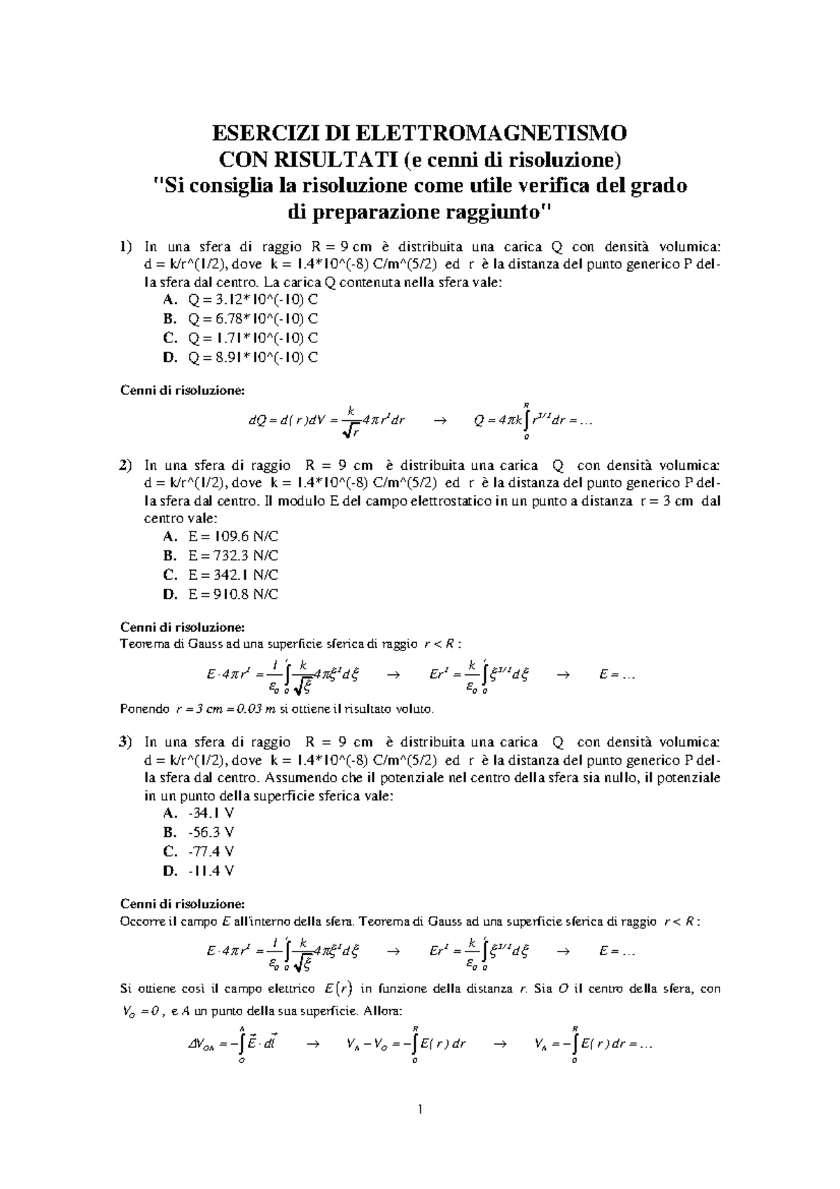 45 domandedi Elettromagnetismo concennidirisoluzione - ESERCIZI DI ELETTROMAGNETISMO CON ...