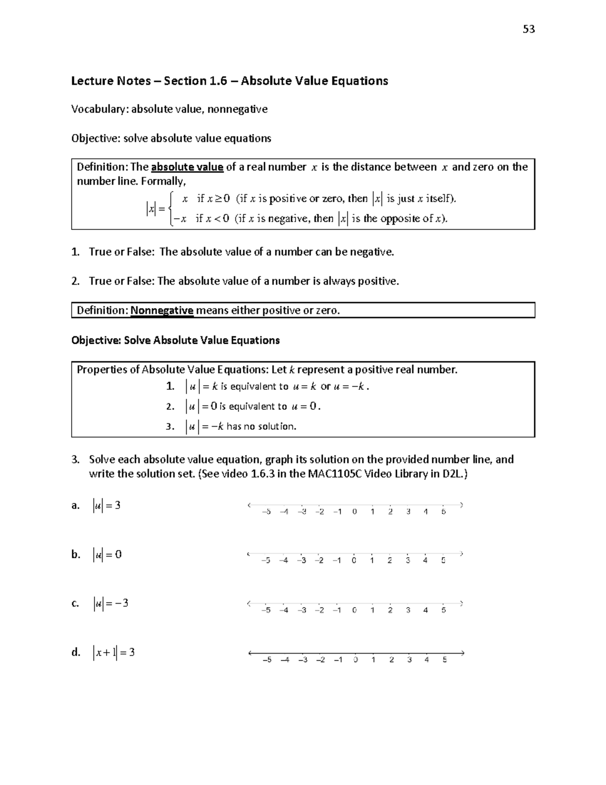 M1105c 1 6 Ln Absolute Value Equations W Pg Nums Lecture Notes Section 1 Absolute Value