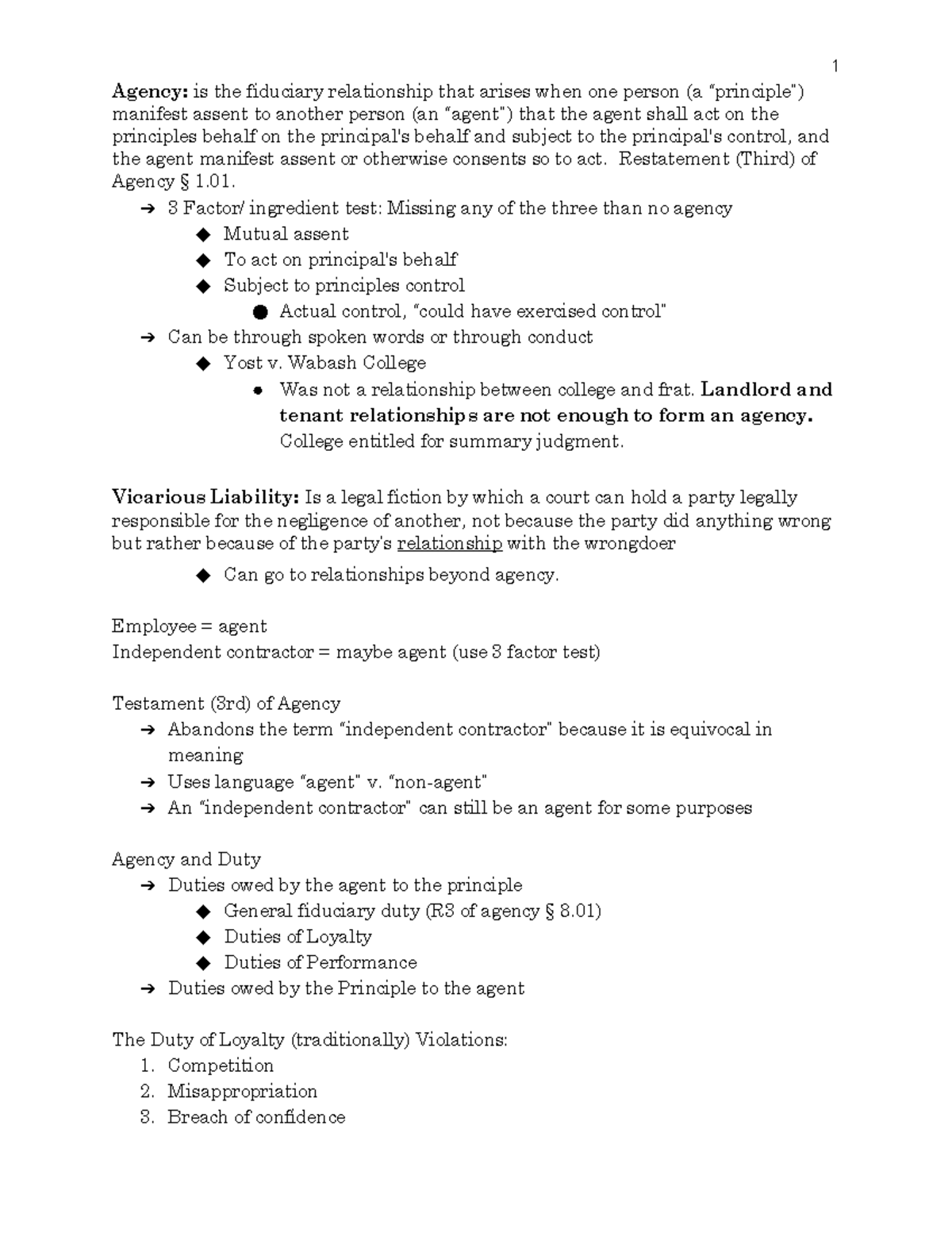 BA Outline - Summary Business Associations - Agency: is the fiduciary ...