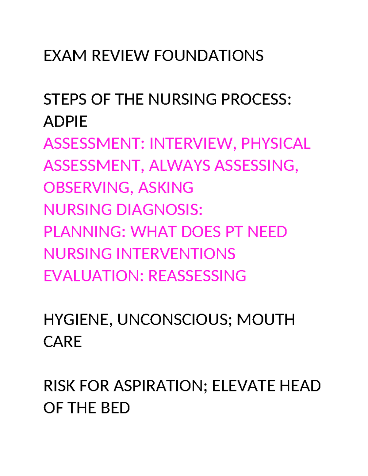 EXAM Review Foundations - EXAM REVIEW FOUNDATIONS STEPS OF THE NURSING ...