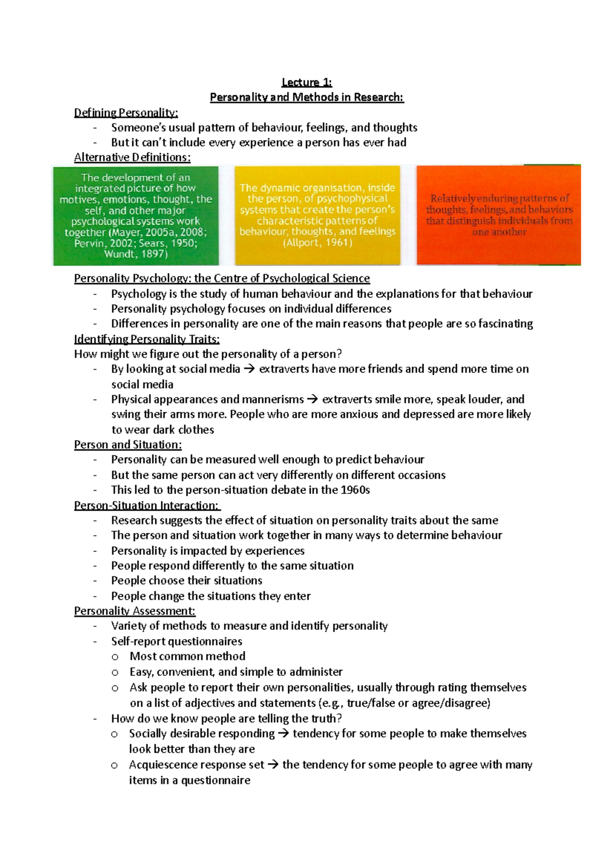 Lecture 1 - Lecture 1: Personality and Methods in Research: Defining ...