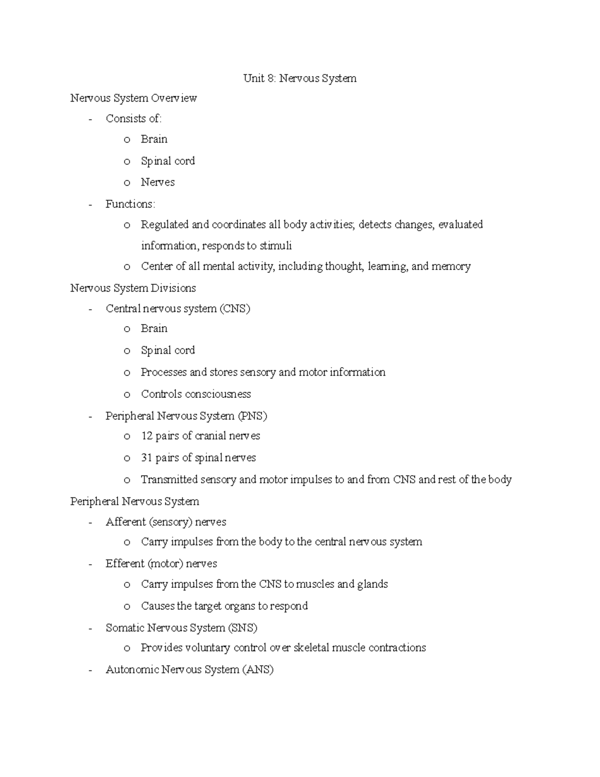 Unit 8 #1 - 8.1 notes - Unit 8: Nervous System Nervous System Overview ...