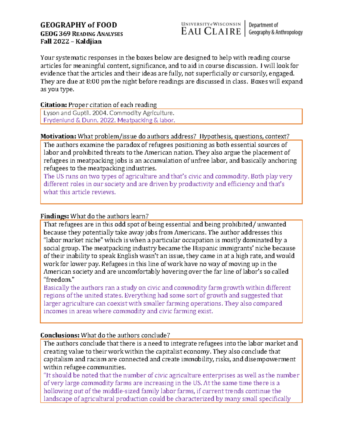 Reading Response F22-6 - GEOGRAPHY of FOOD GEOG 369 READING ANALYSES ...