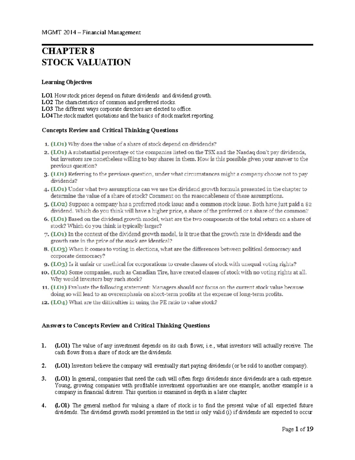 FM - CH8 exercise - CHAPTER 8 STOCK VALUATION Learning Objectives LO1 ...