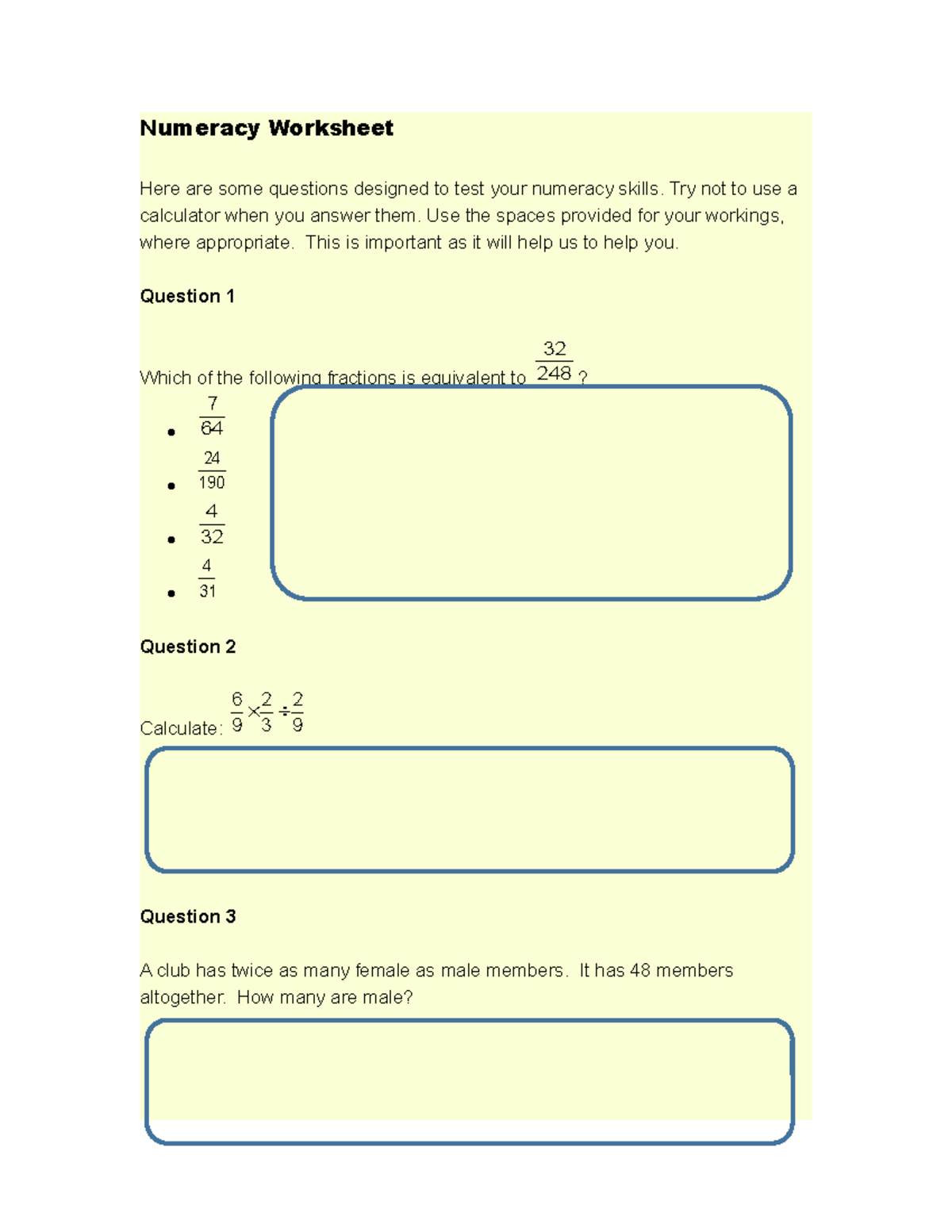 Numeracy worksheet(2) - Numeracy Worksheet Here are some questions ...