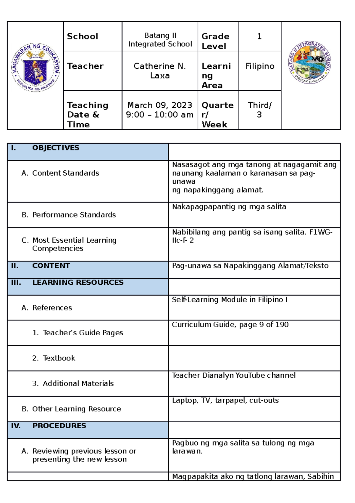 LP IN CO 1 Q2 Filipino 22-23 - Copy - School Batang II Integrated ...