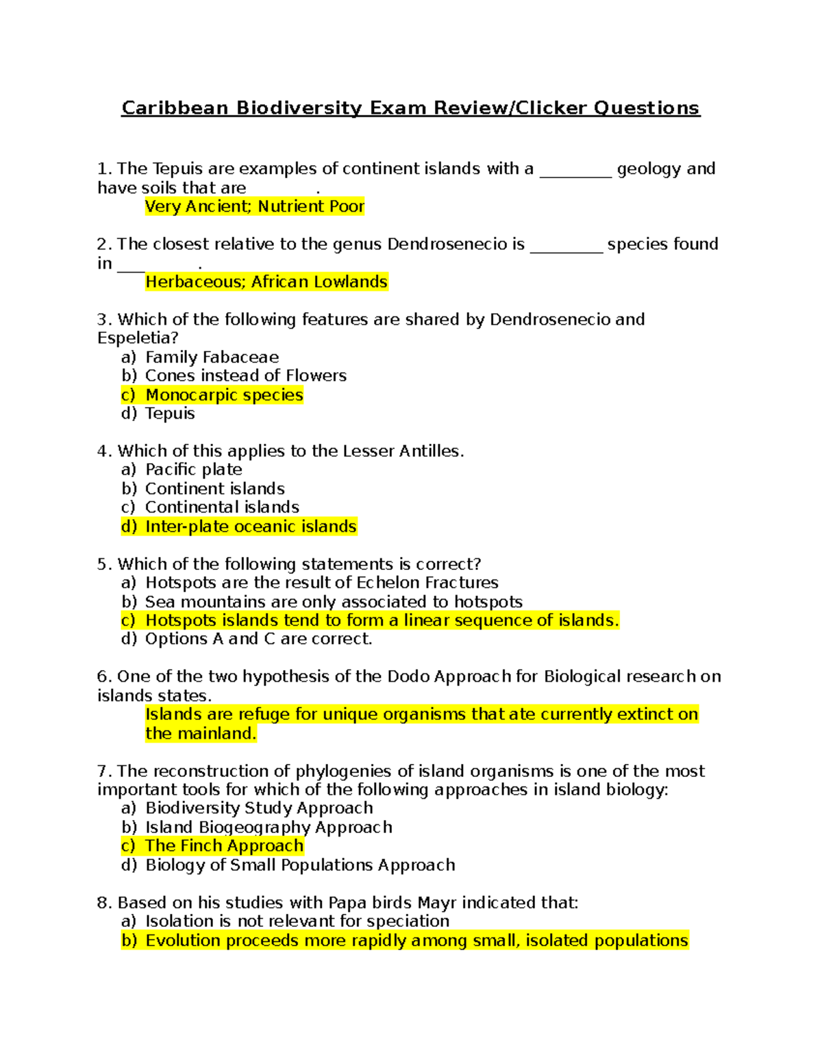 Exam Review Questions & Clicker Questions - Caribbean Biodiversity Exam ...