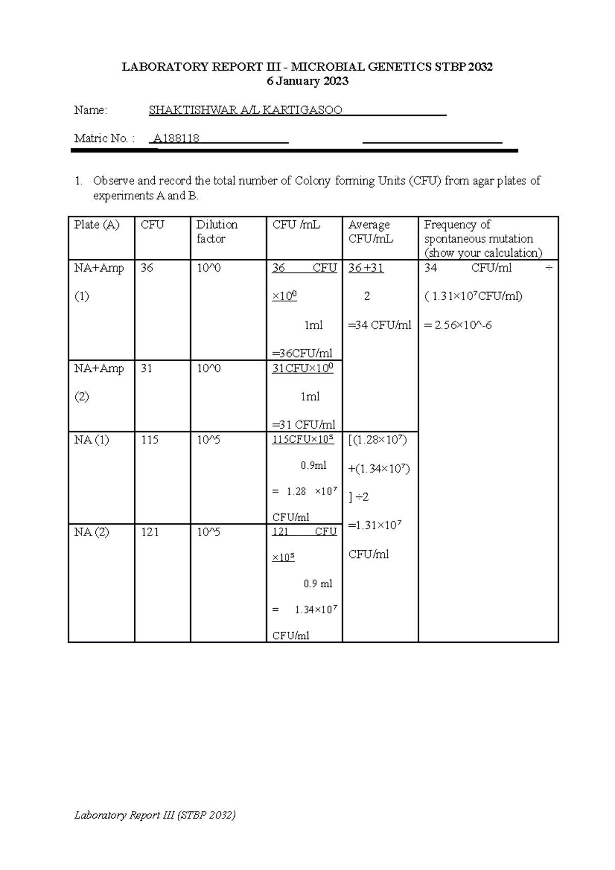 A188118 Lab report mutation - LABORATORY REPORT III - MICROBIAL ...