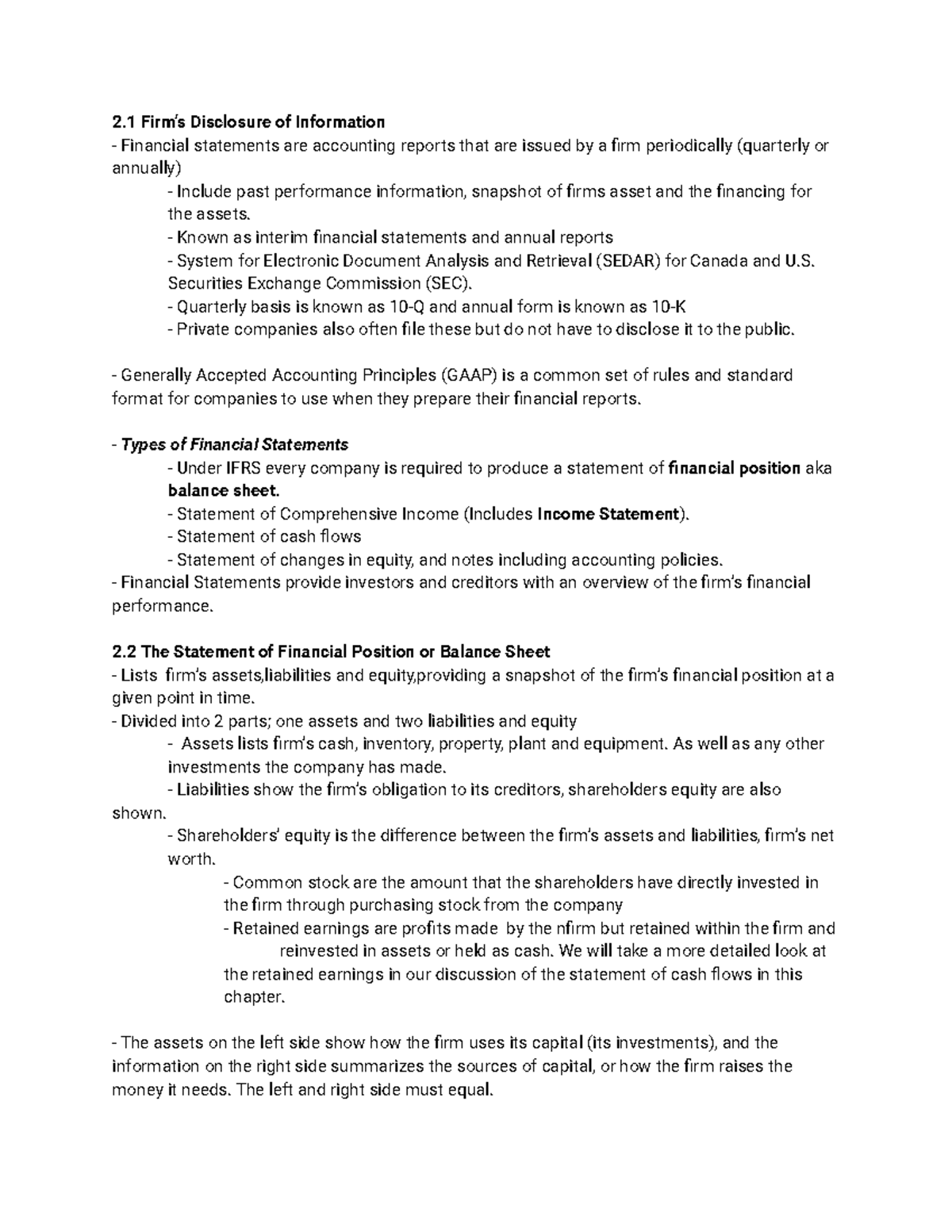 CFIN 300 - Chapter 2 Notes - 2 Firm’s Disclosure of Information ...