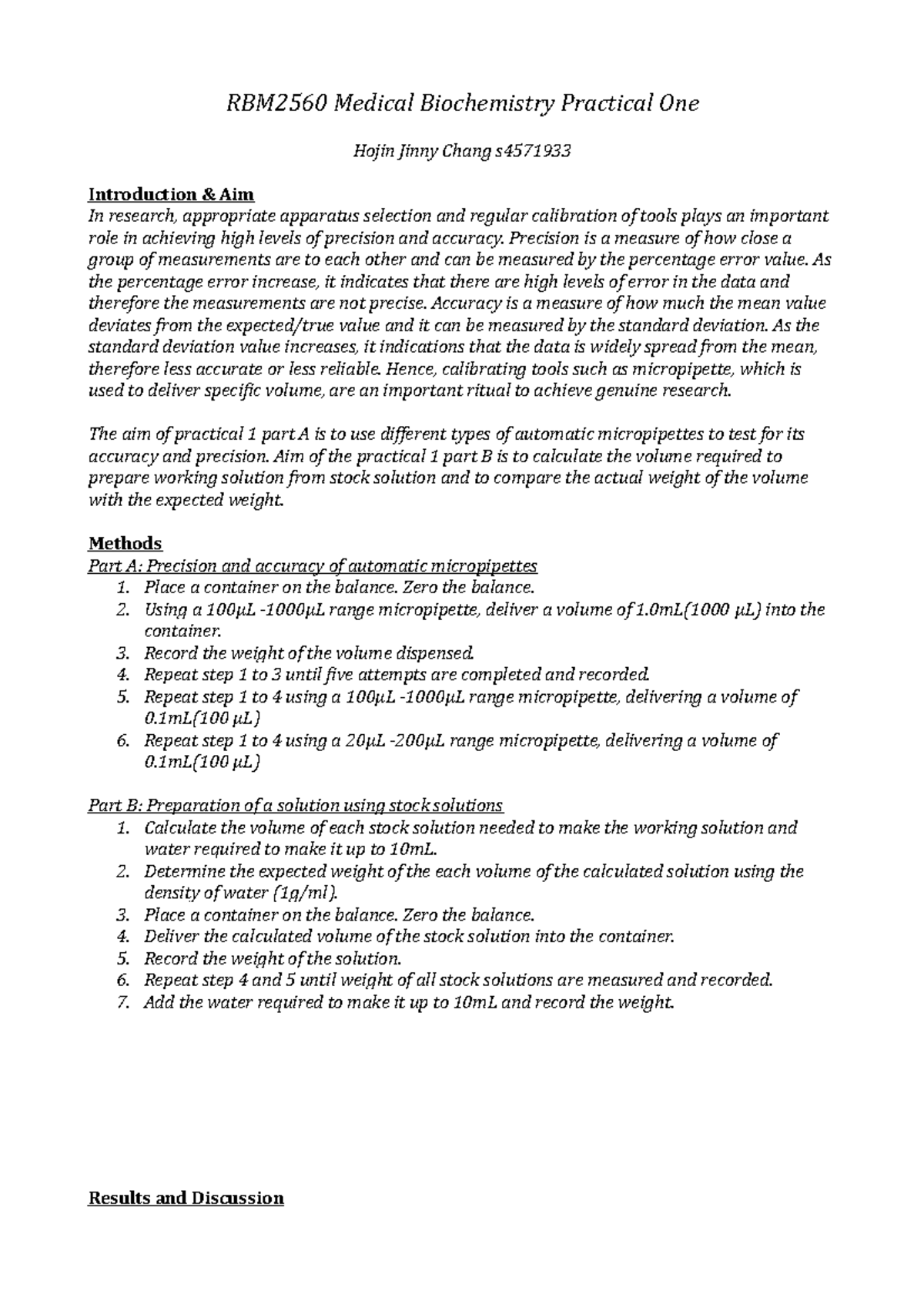 Practical 1 part A - RBM2560 Medical Biochemistry Practical One Hojin ...