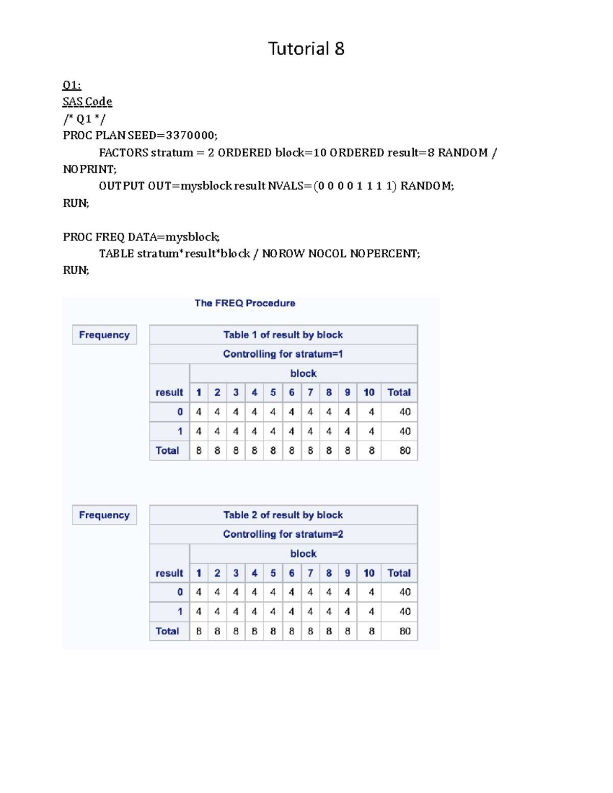 Tutorial 8 SAS - STAT 337 - Tutorial 8 Q1: SAS Code /* Q1 */ PROC PLAN ... Tutorial 8 SAS - STAT 337 - Tutorial 8 Q1: SAS Code /* Q1 */ PROC PLAN ...