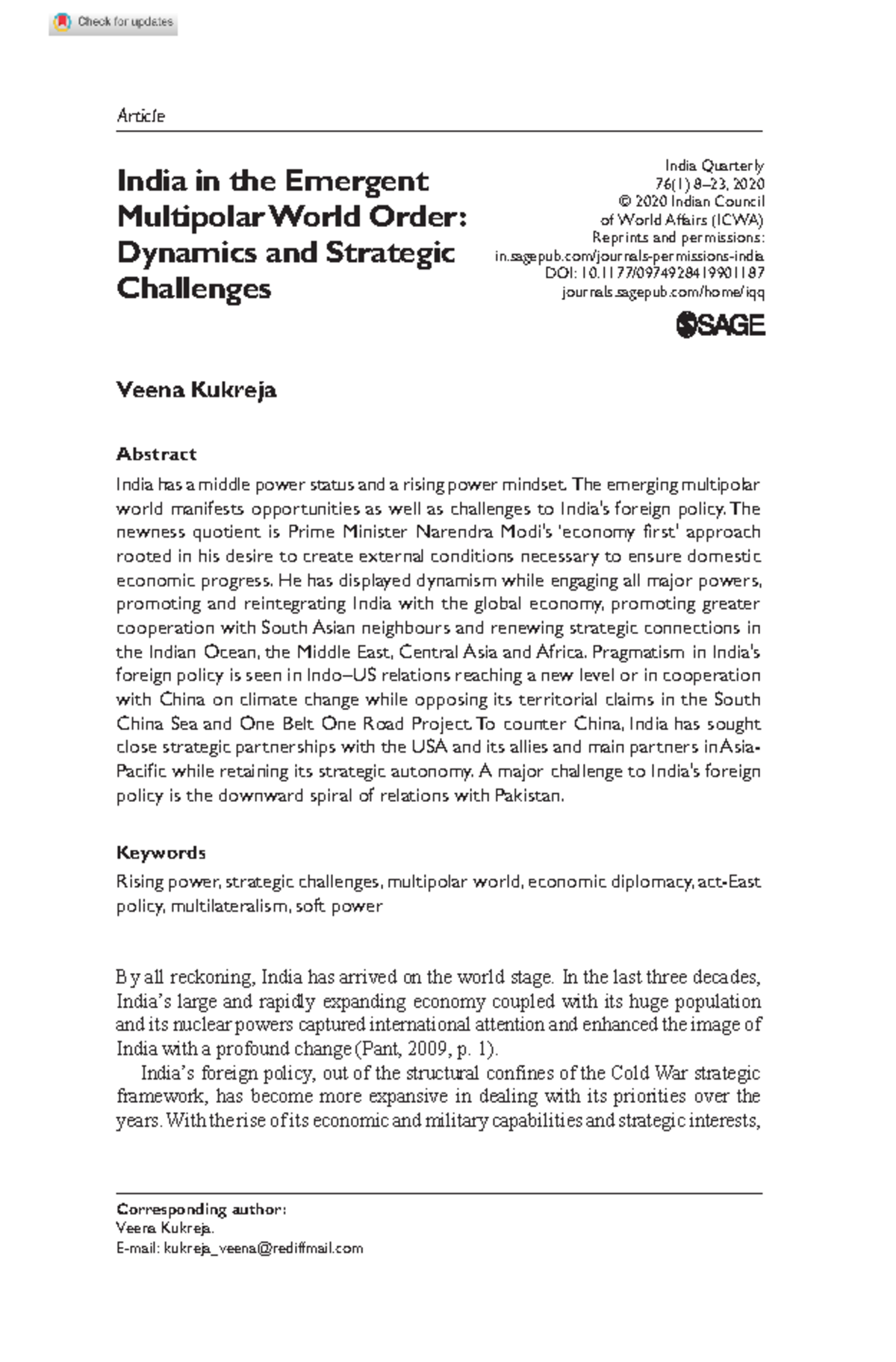 India in the Emergent Multipolar World Order Dynamics and Strategic ...