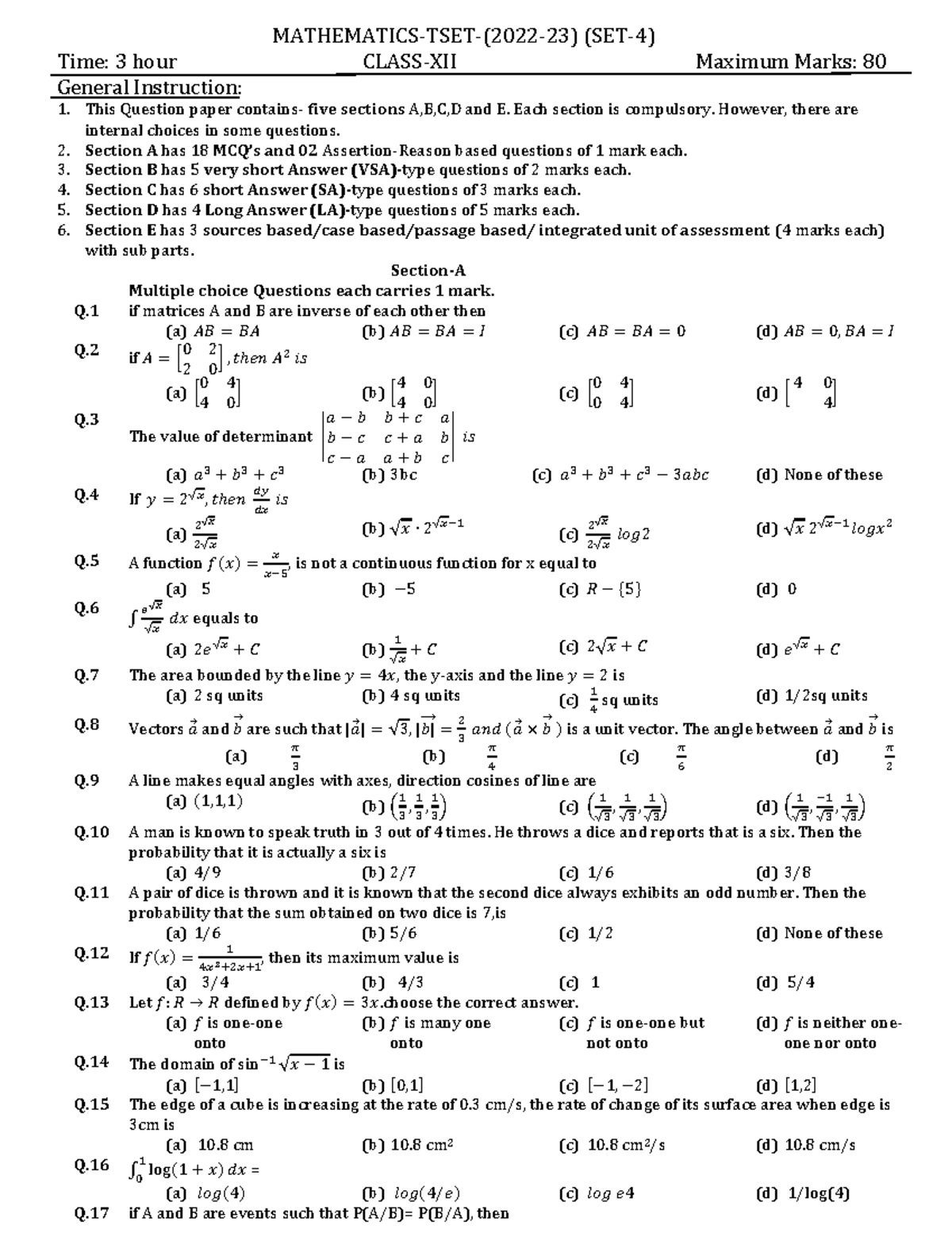 Mathematics TEST Peper Class XII SET 4 2022-23 - MATHEMATICS-TSET-(2022 ...