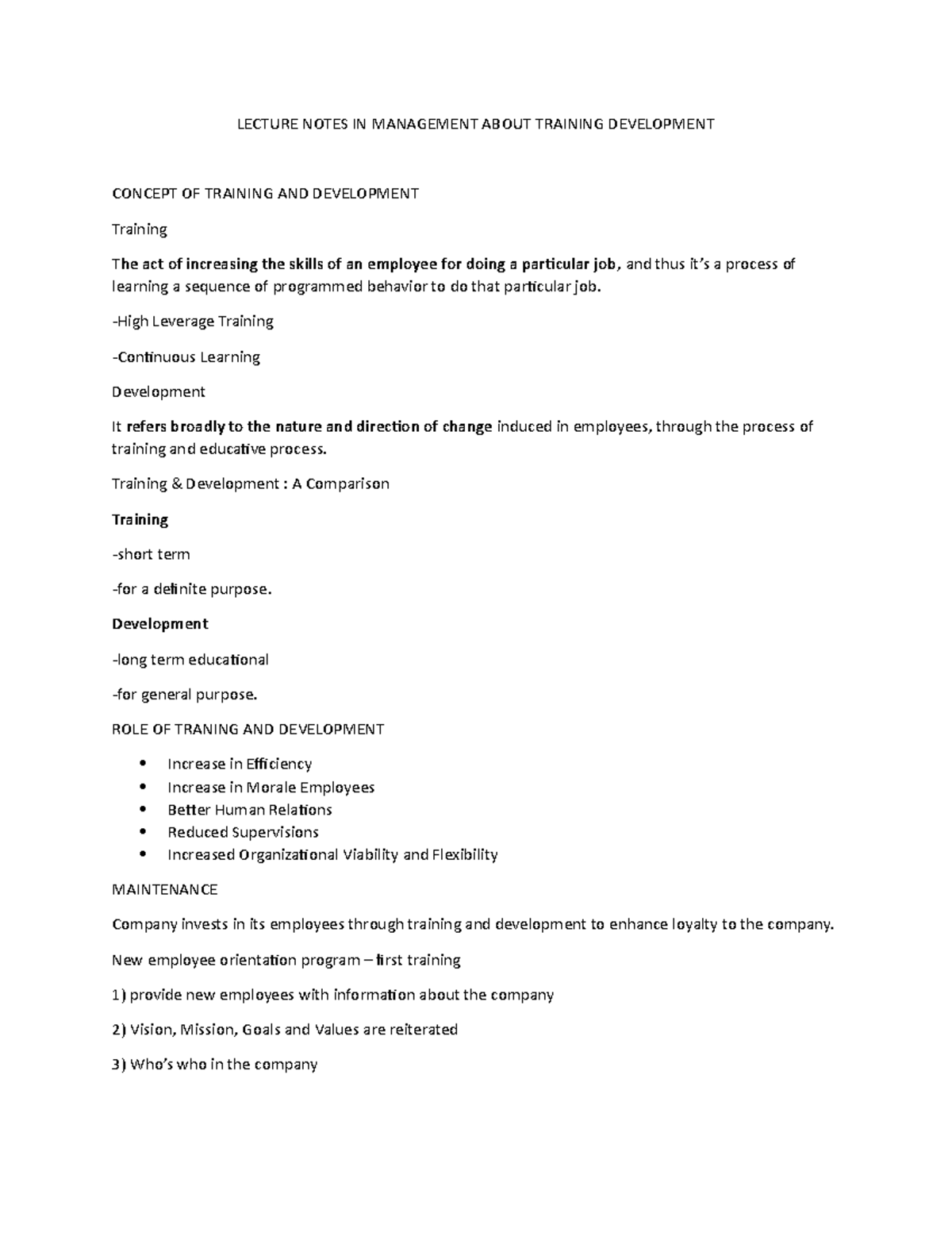 Lecture Notes IN Management About Training Development - LECTURE NOTES ...