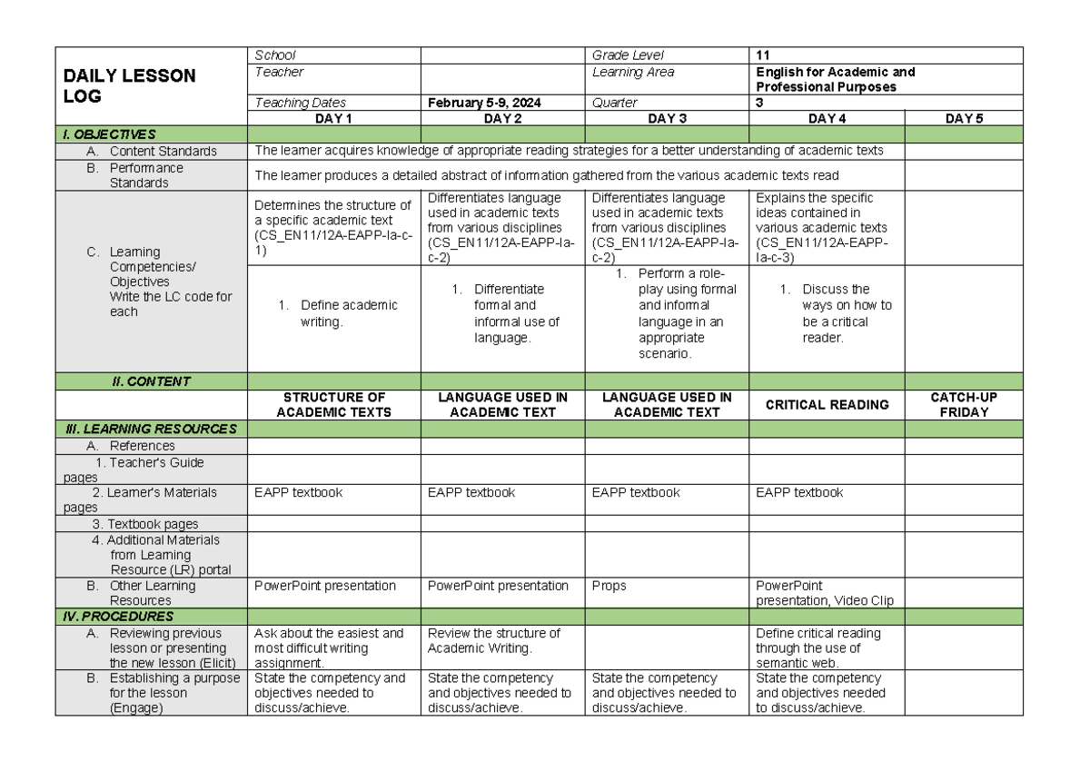 WEEK-1-EAPP - DAILY LESSON LOG School Grade Level 11 Teacher Learning Area English for Academic ...