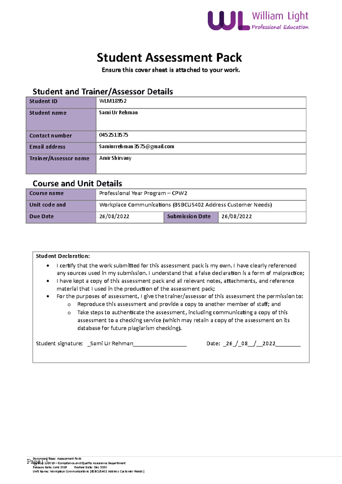 CPW 2 Bsbcus 402 WLI Student Assessment Pack Template - Student ...
