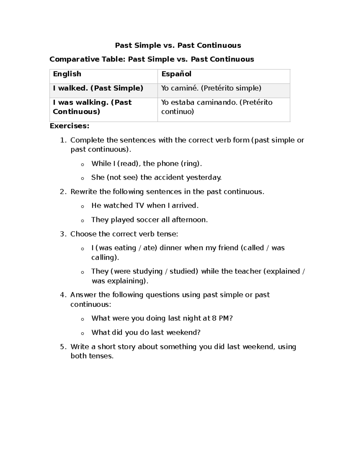 Ex2 Past continuous - pasado continuo - Past Simple vs. Past Continuous ...