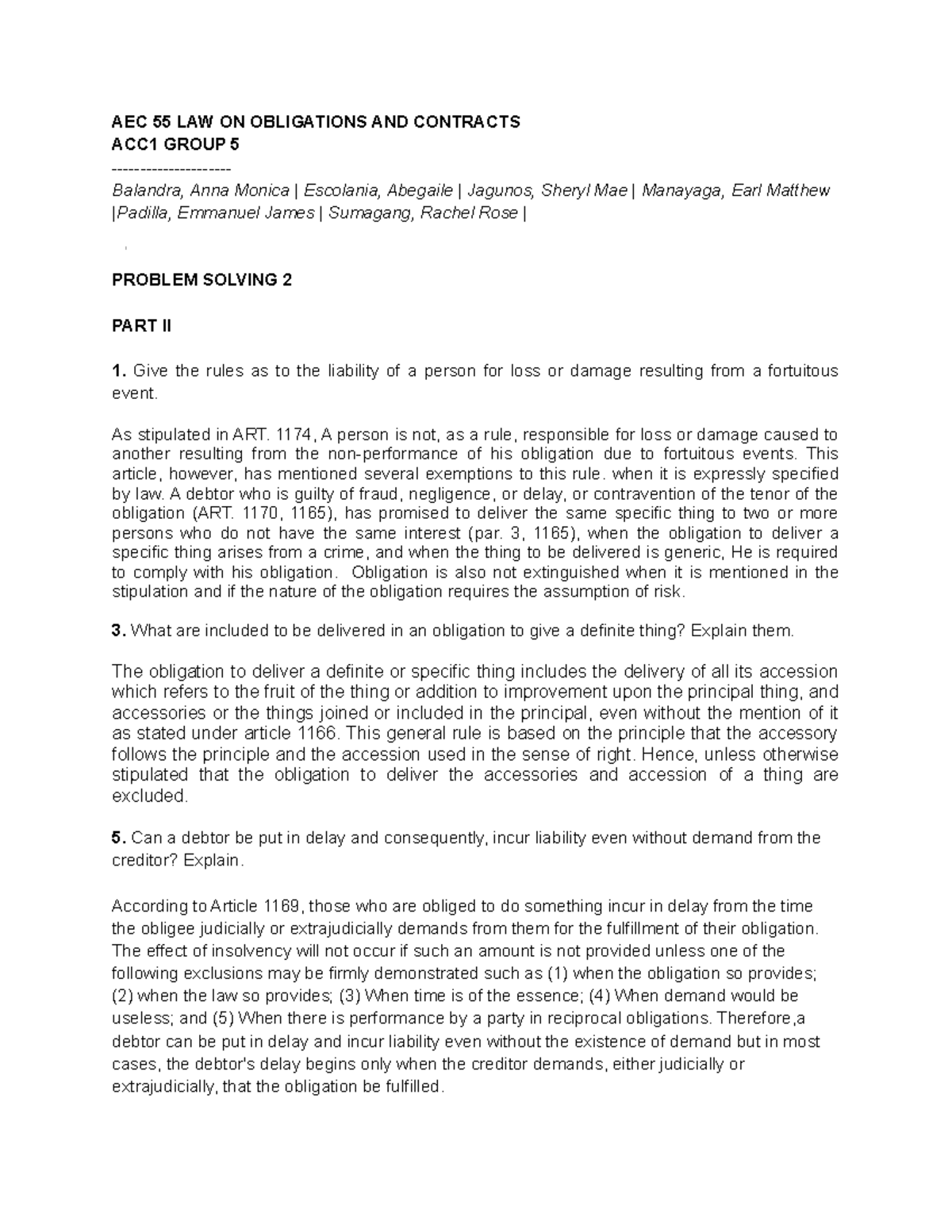 AEC-55 Problem Solving 2 - AEC 55 LAW ON OBLIGATIONS AND CONTRACTS ACC1 GROUP 5 - Balandra, Anna ...