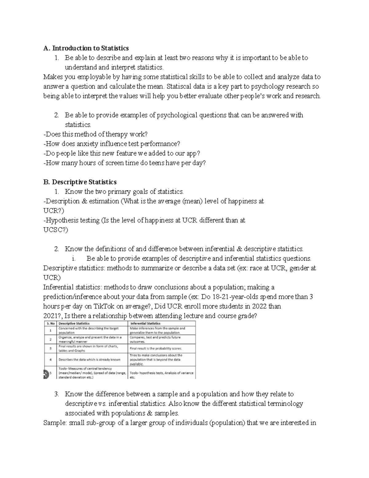 Midterm 1 Study Guide - Professor Ditta - A. Introduction to Statistics ...
