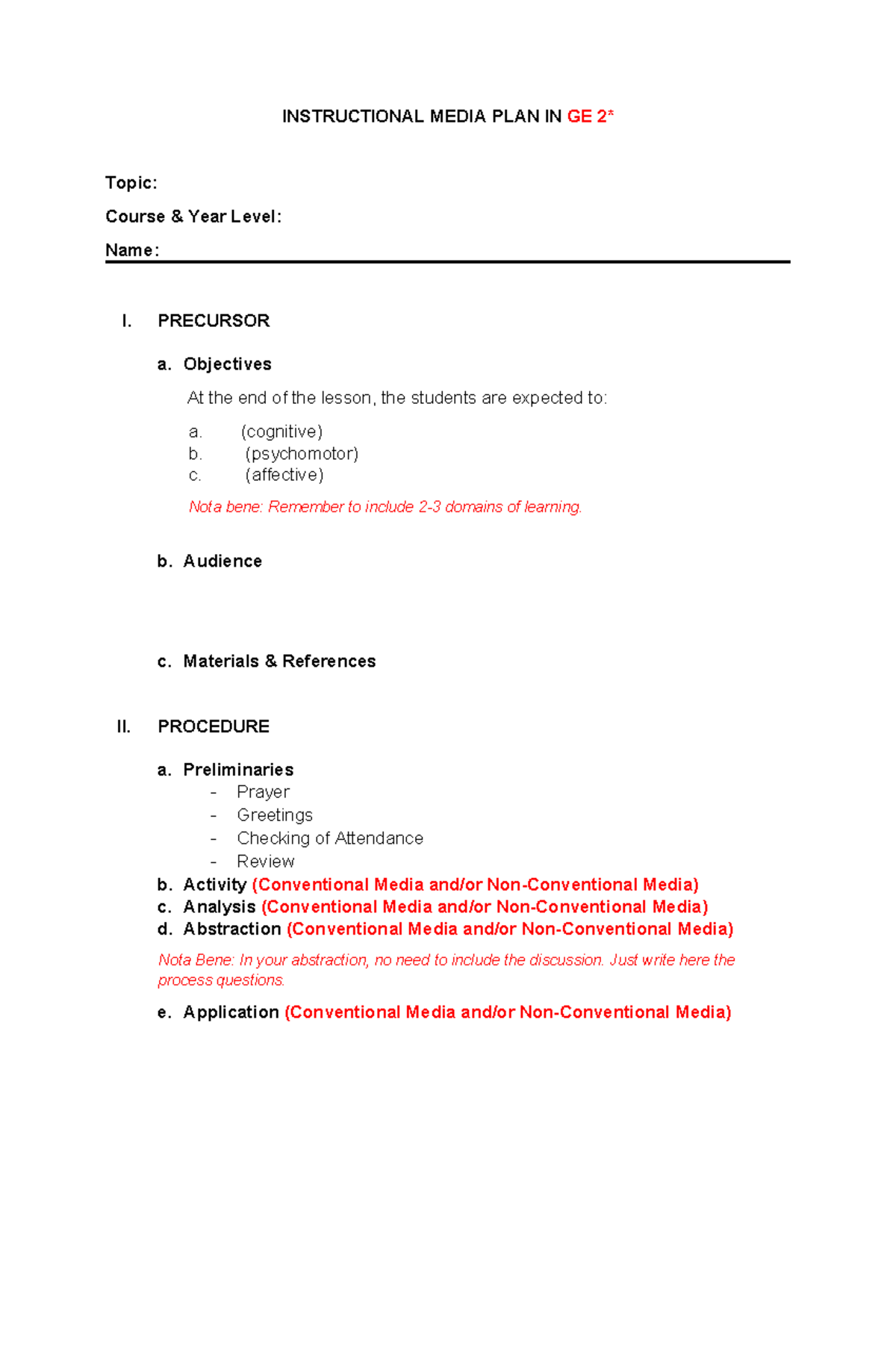 IMP Template - INSTRUCTIONAL MEDIA PLAN IN GE 2* Topic: Course & Year ...