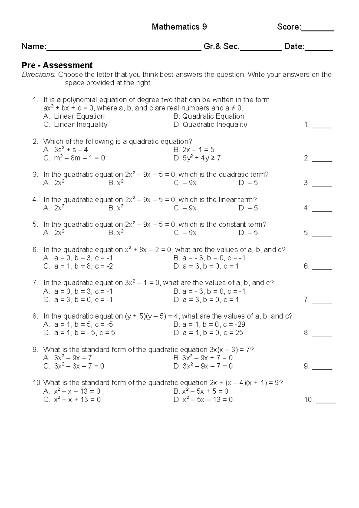 MATH 9 Q1 W1 - Mathematics 9 Score:_______ Name ...