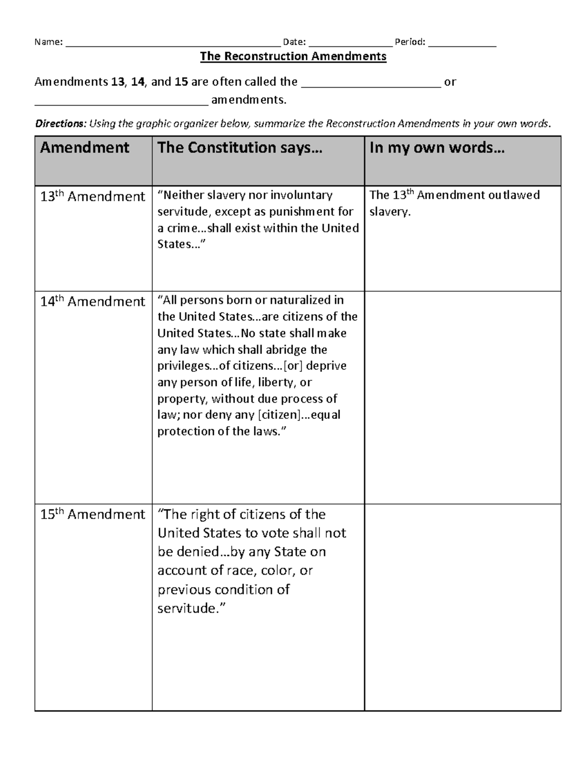 Jermiah Smith - Reconstruction Worksheet - Name