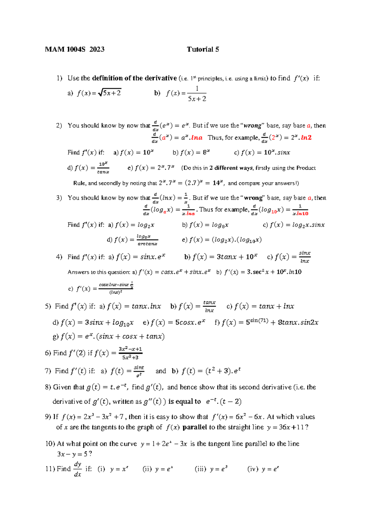 Tut 5 - Tutorial - MAM 1004S 2023 Tutorial 5 Use the definition of the ...