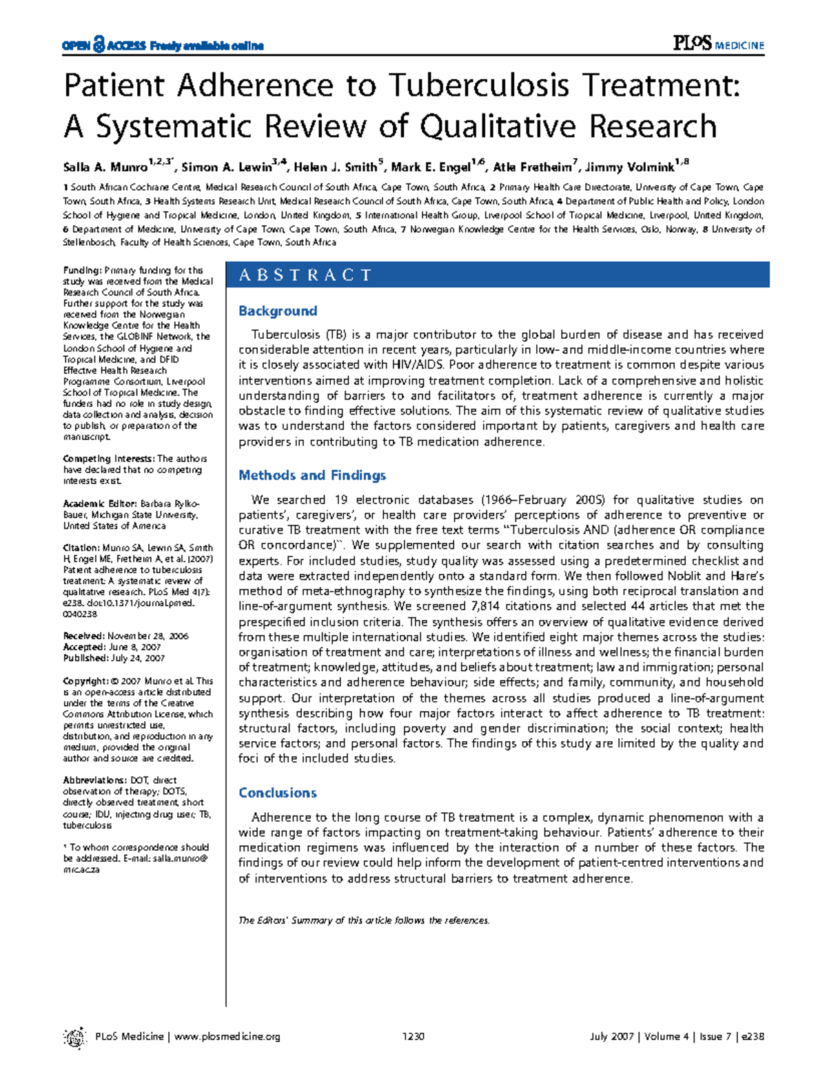 Pmed - tube - Patient Adherence to Tuberculosis Treatment: A Systematic ...