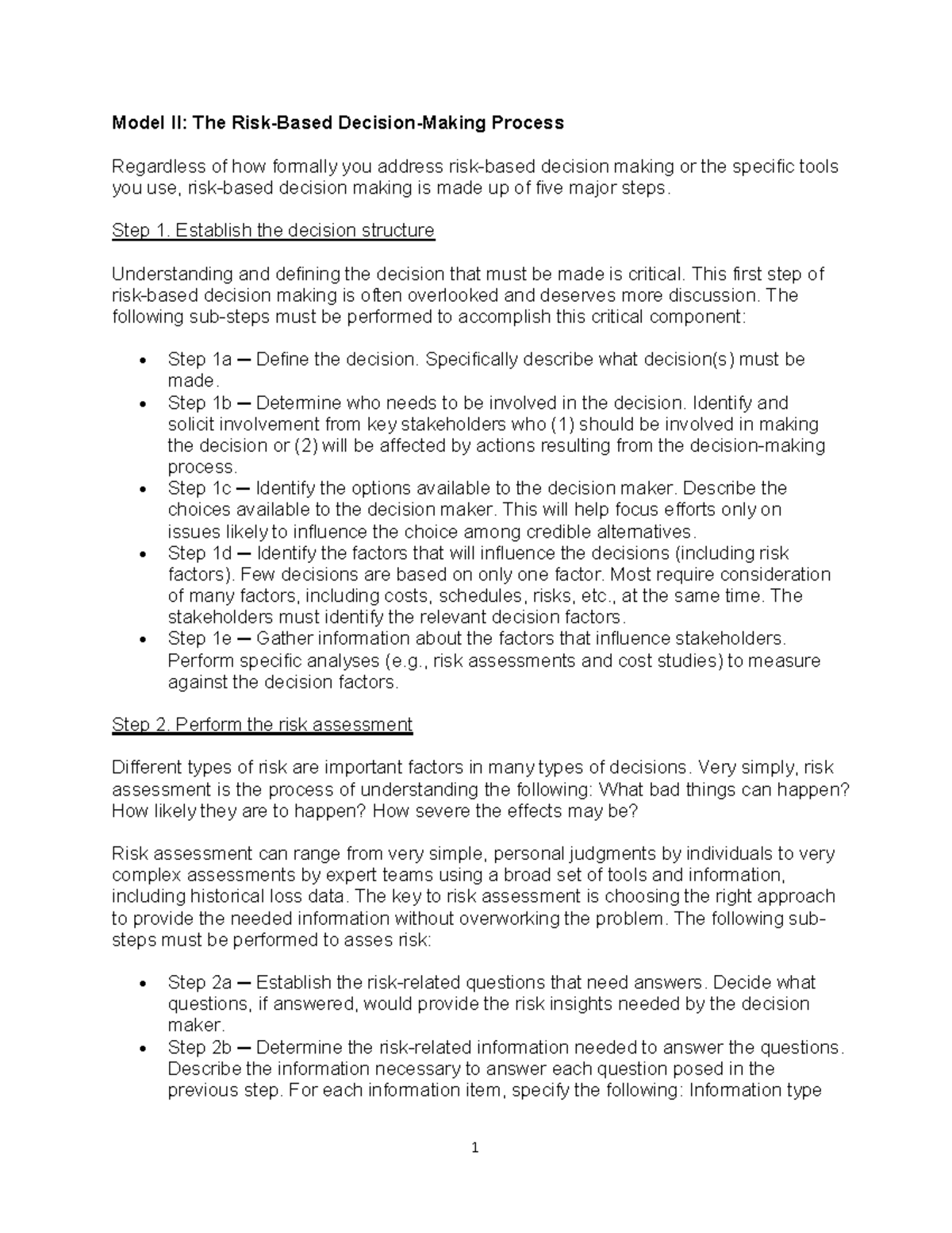 Model II The Risk-Based Decision-Making Process - MGMT 1020 - George ...
