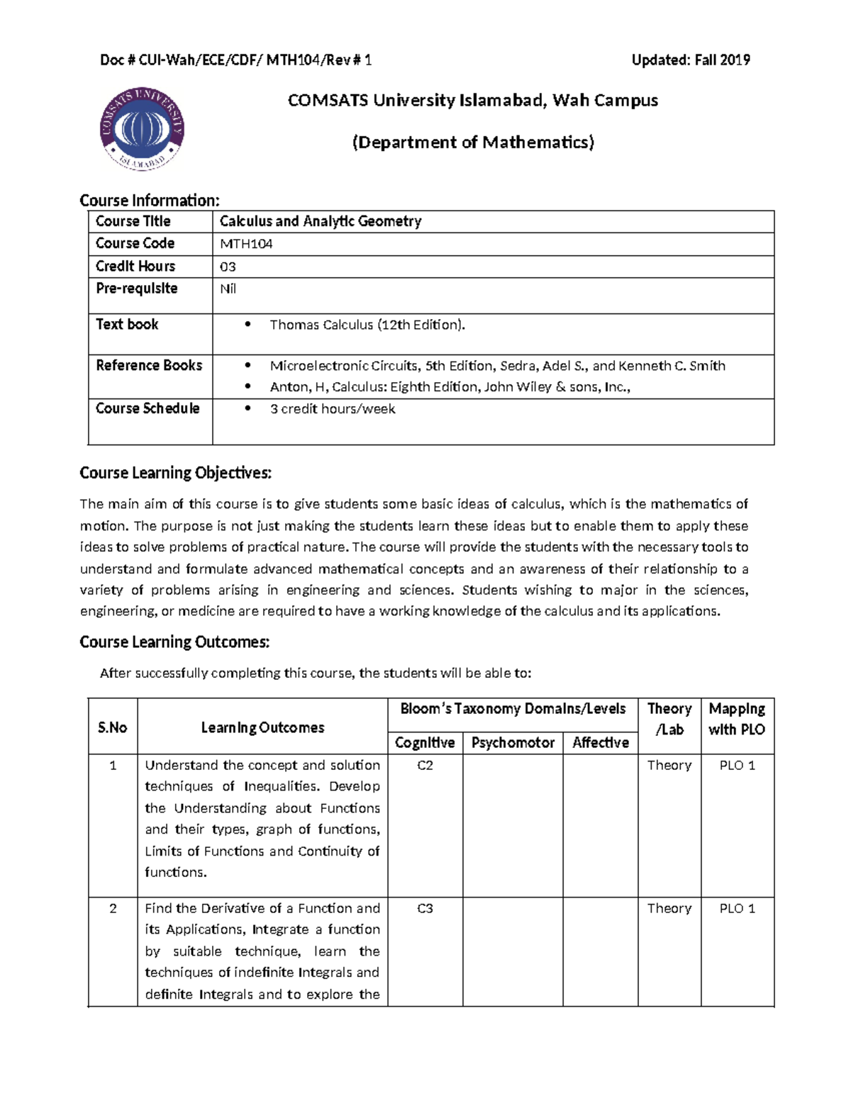 Course Description - Doc # CUI-Wah/ECE/CDF/ MTH104/Rev # 1 Updated: Fall 2019 COMSATS University ...
