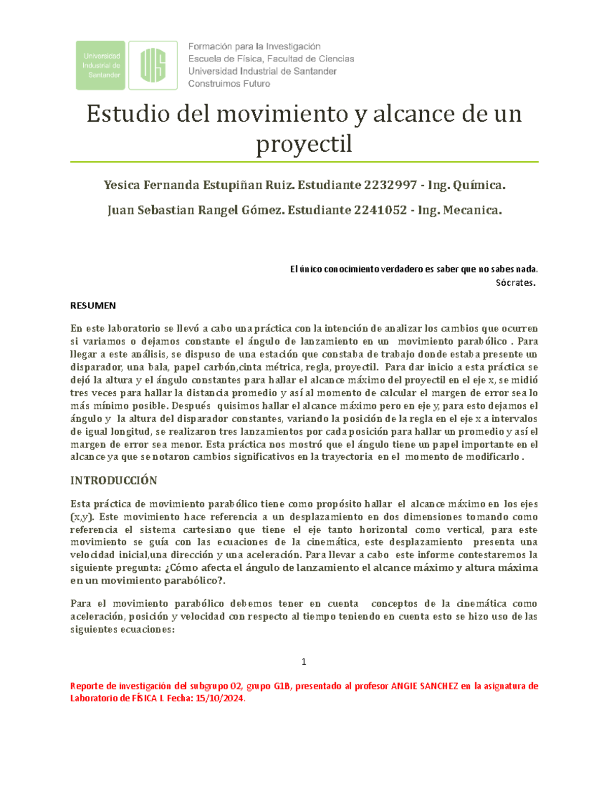 Informe #3 Estudio del movimiento y alcance de un proyectil - Yesica ...