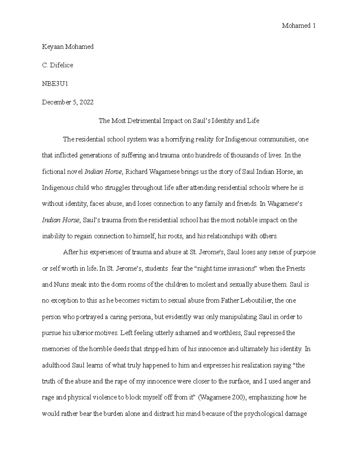 Keyaan Mohamed - Final Submission - Indian Horse Essay - Keyaan Mohamed ...