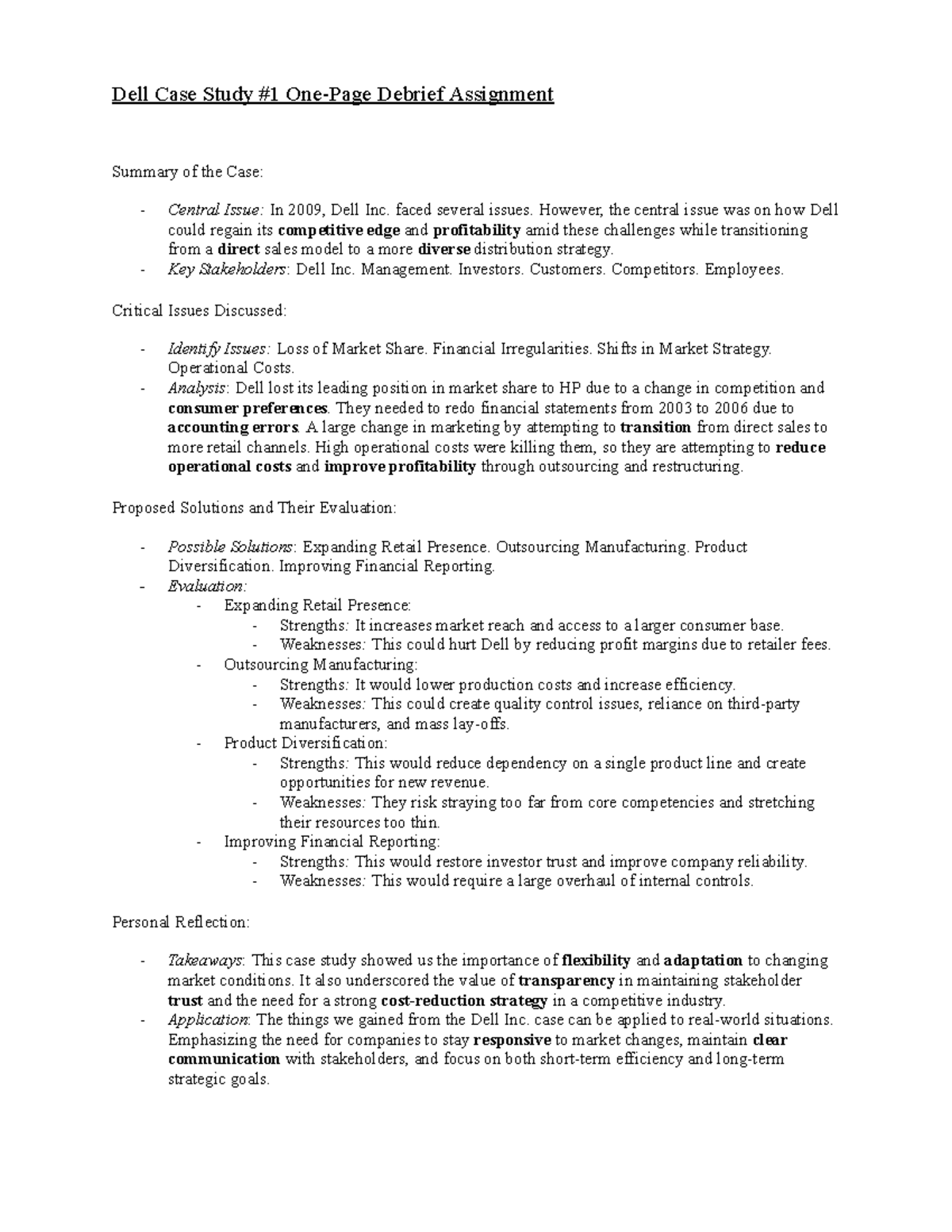240829 MKTG 3700 Case Study #1 One-Page Debrief Assignment - Dell Case ...