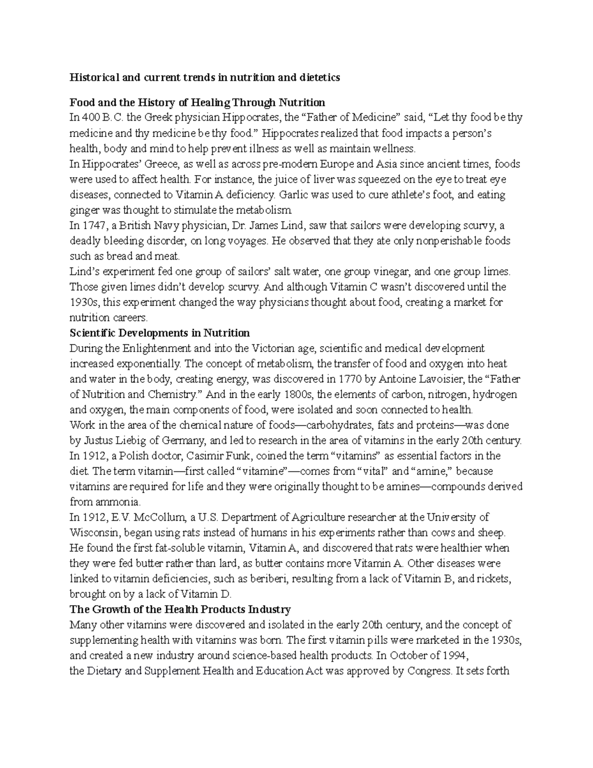 Introduction to nutrition and dietetics History - Historical and ...