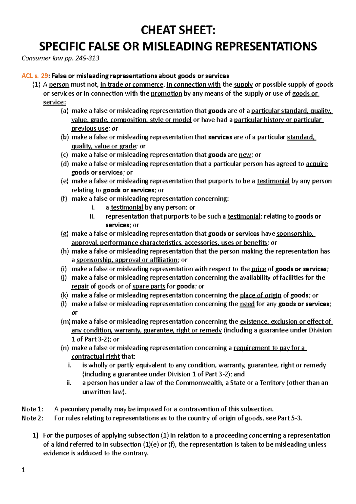 Cheat Sheet- Specific False OR Misleading Representations - CHEAT SHEET ...